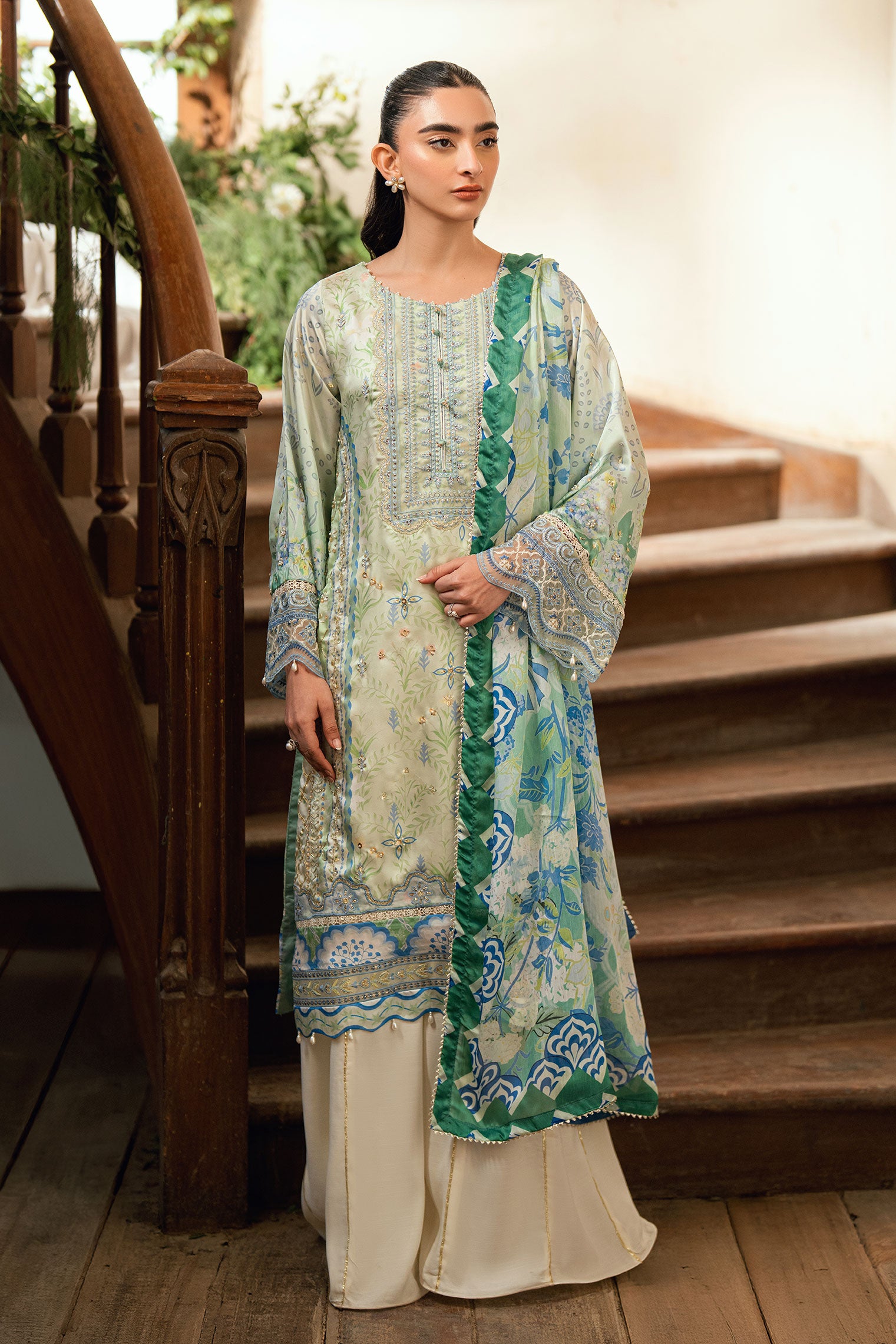 SS26DA-2894 L-GREEN 2PCS HAND EMBELLISHED KURTA WITH TROUSER – Dhanak ...